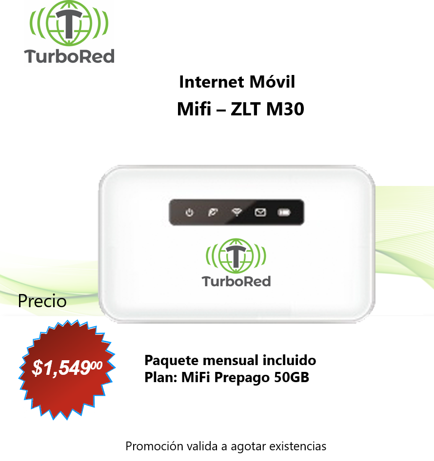Combo Turbo MIFI ZLT M30 con 1 Mes incluido con 50GB 30 días | TurboRed