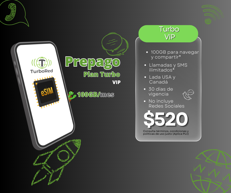 TURBO ACTIVACION VIP 100 GB COMPARTE (eSIM) | TurboRed